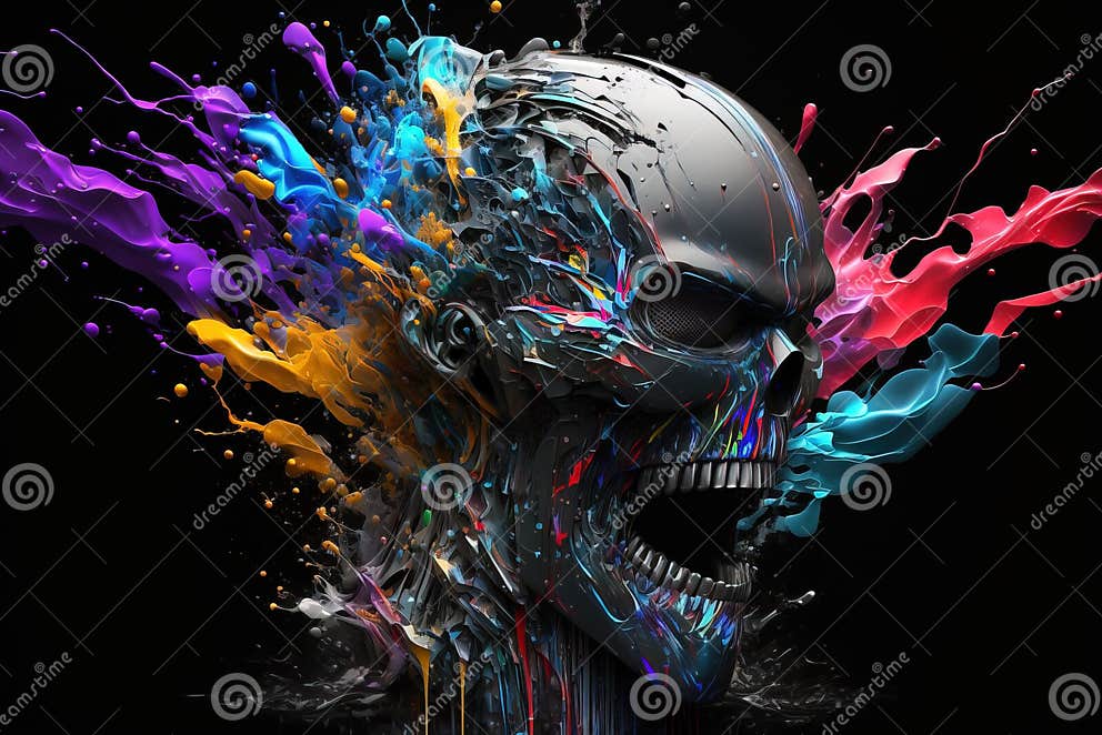 Head of a Robot is Exploding with Splash of Colours. Generative AI ...