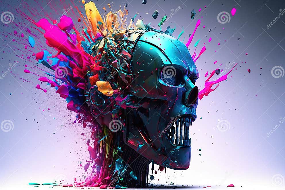 Head of a Robot is Exploding with Splash of Colours. Generative AI ...