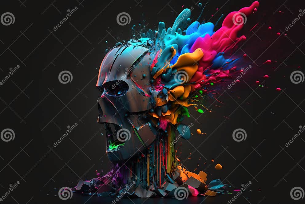 Head of a Robot is Exploding with Splash of Colours. Generative AI ...