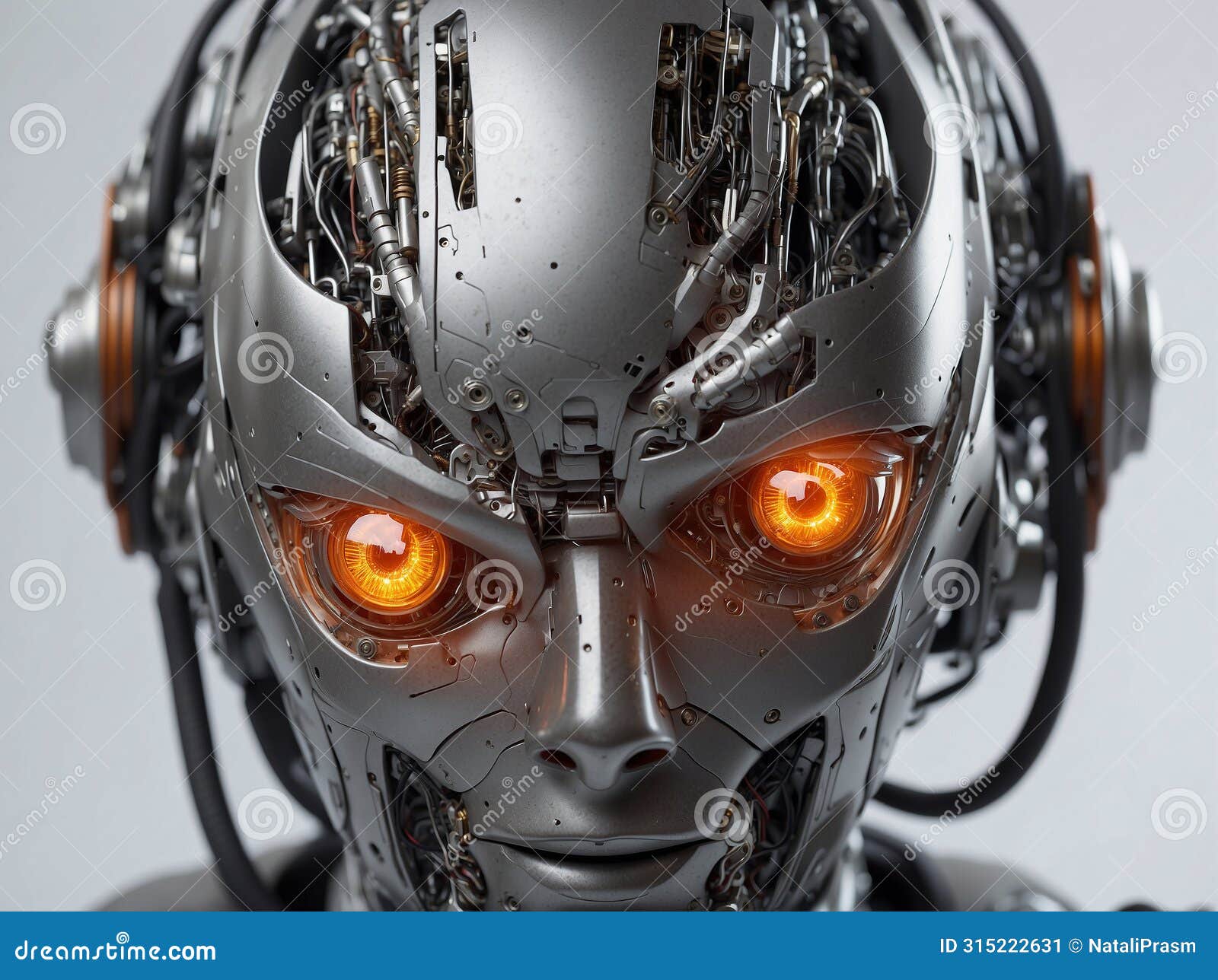 The Head of a Robot in Profile with Glowing Yellow Eyes on a Light ...