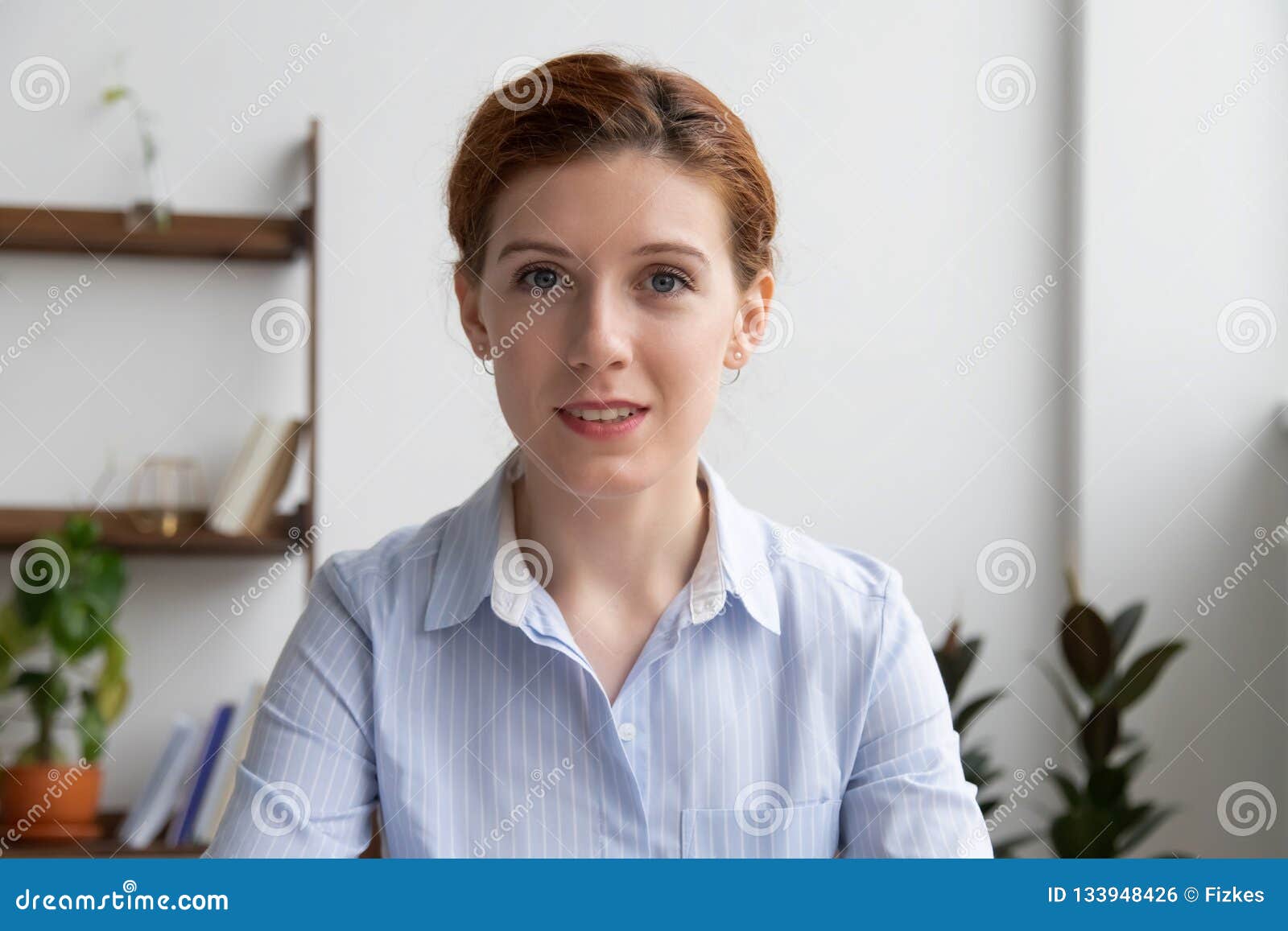 Headshot Young Female Make Video Call at Work Stock Photo - Image of ...