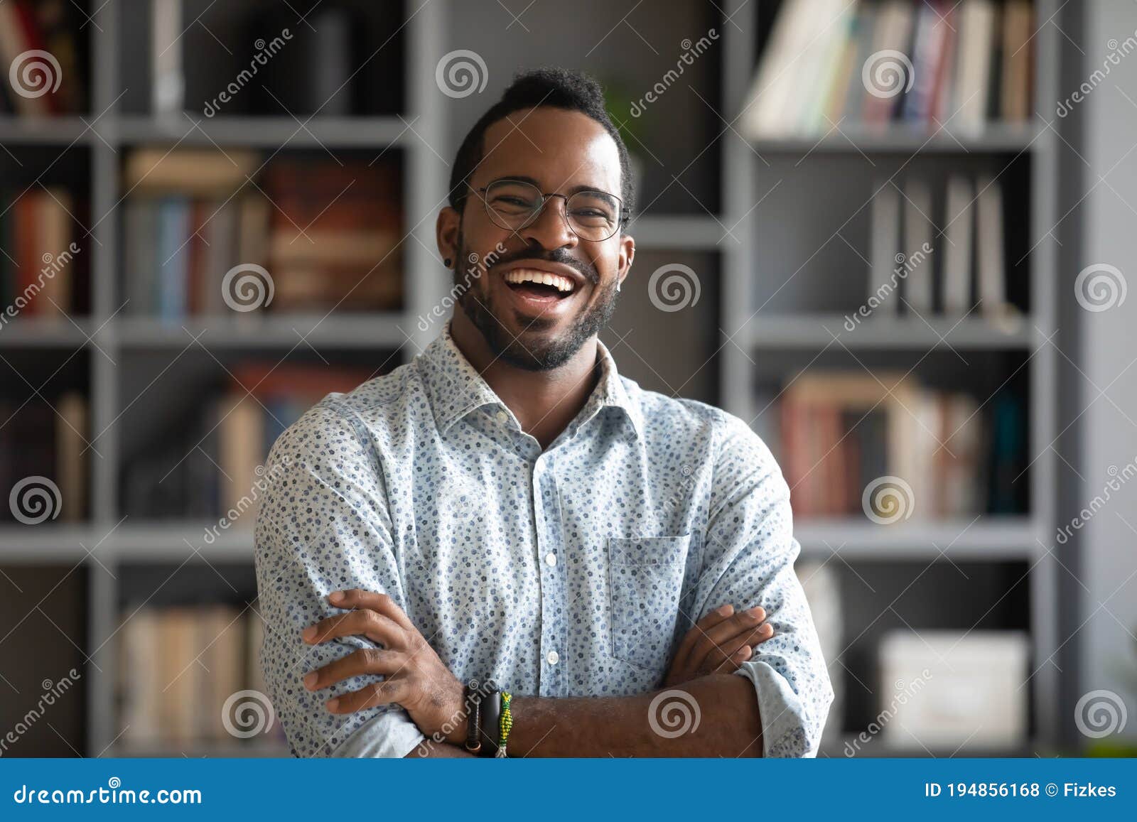 Head Shot Portrait Laughing Excited African American Man Wearing