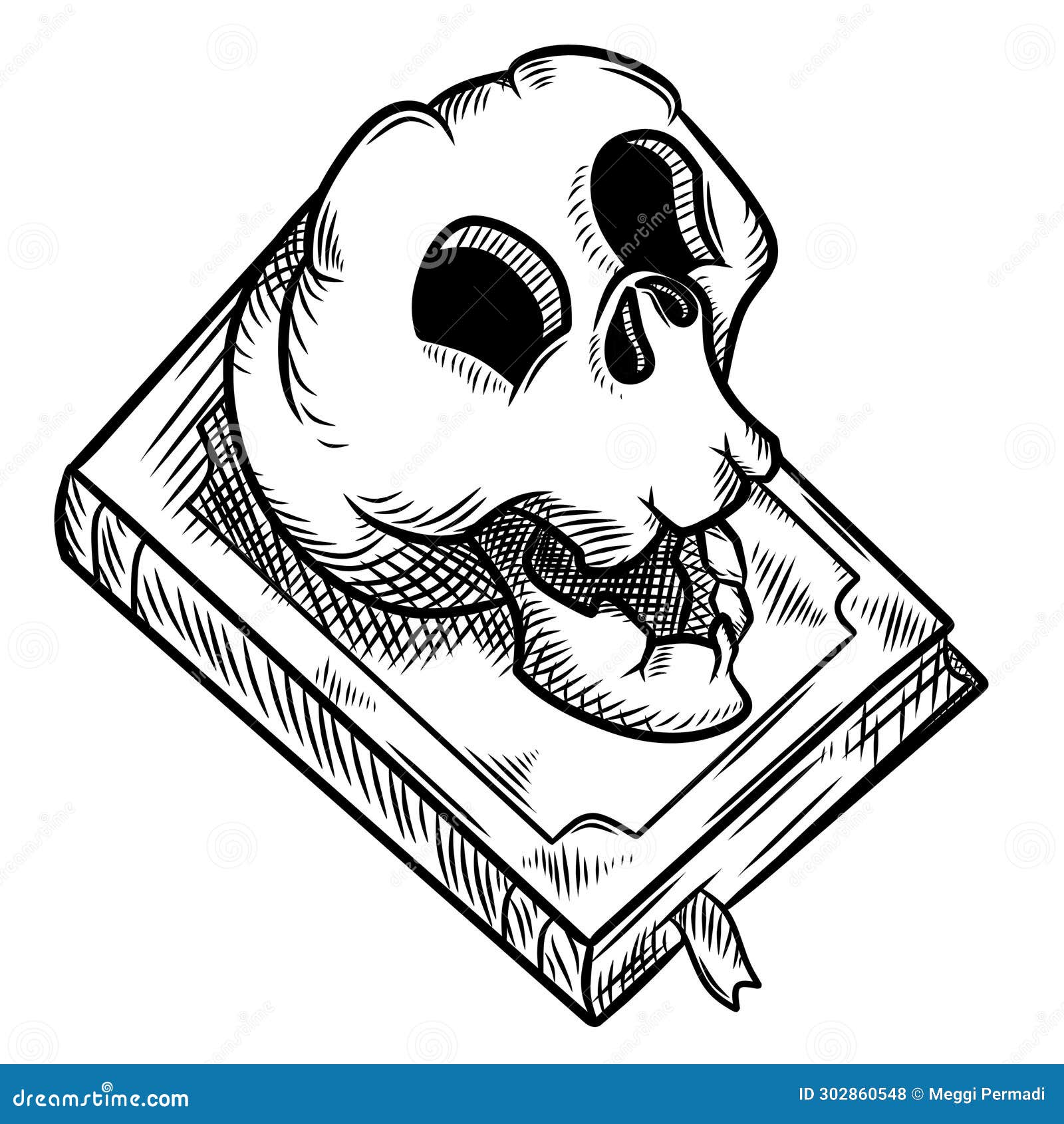 Head Skull Cartoon on a Book Black and White Drawing Stock Vector ...