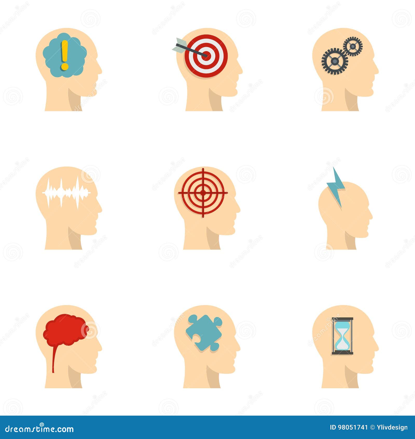Head Think Icons Set, Flat Style Stock Vector - Illustration of ...
