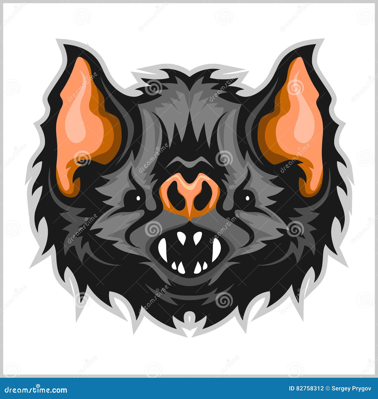 Head Of Vampire Bat Or White-Winged Vampire Bat Front View Black And ...