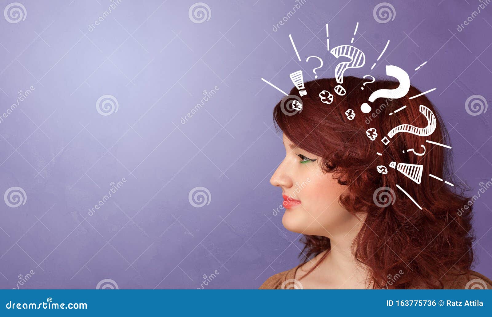 Head with question signs stock photo. Image of face - 163775736
