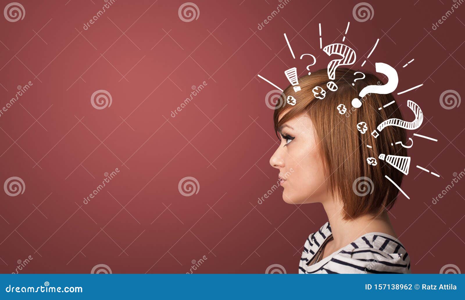 Head with question signs stock photo. Image of function - 157138962
