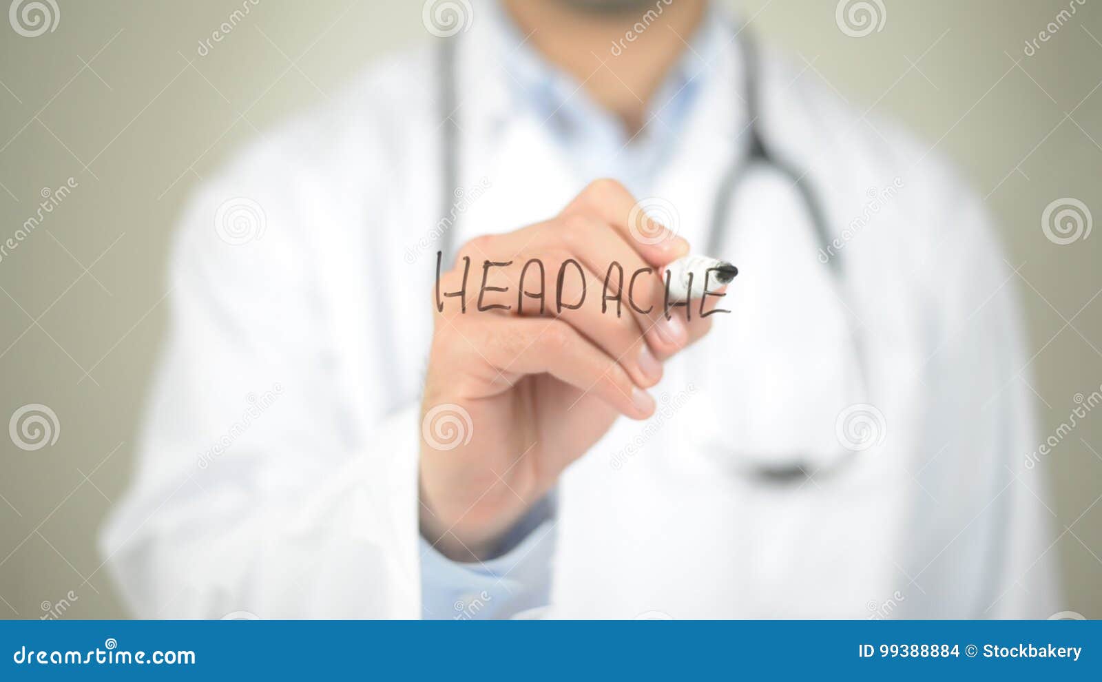 Headache, Doctor Writing on Transparent Screen Stock Photo - Image of ...
