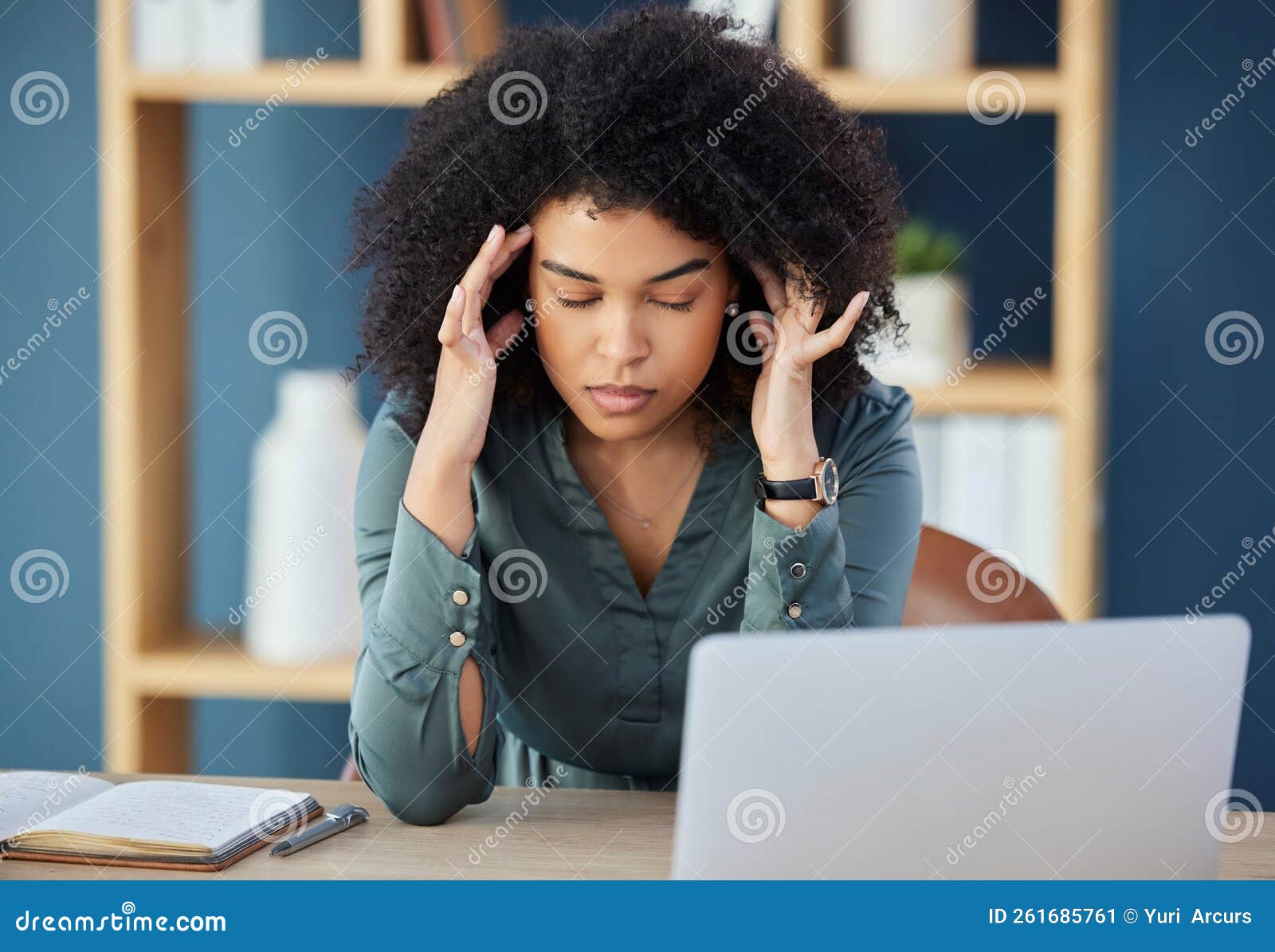 Headache Stress And Business Woman With Laptop For Compliance