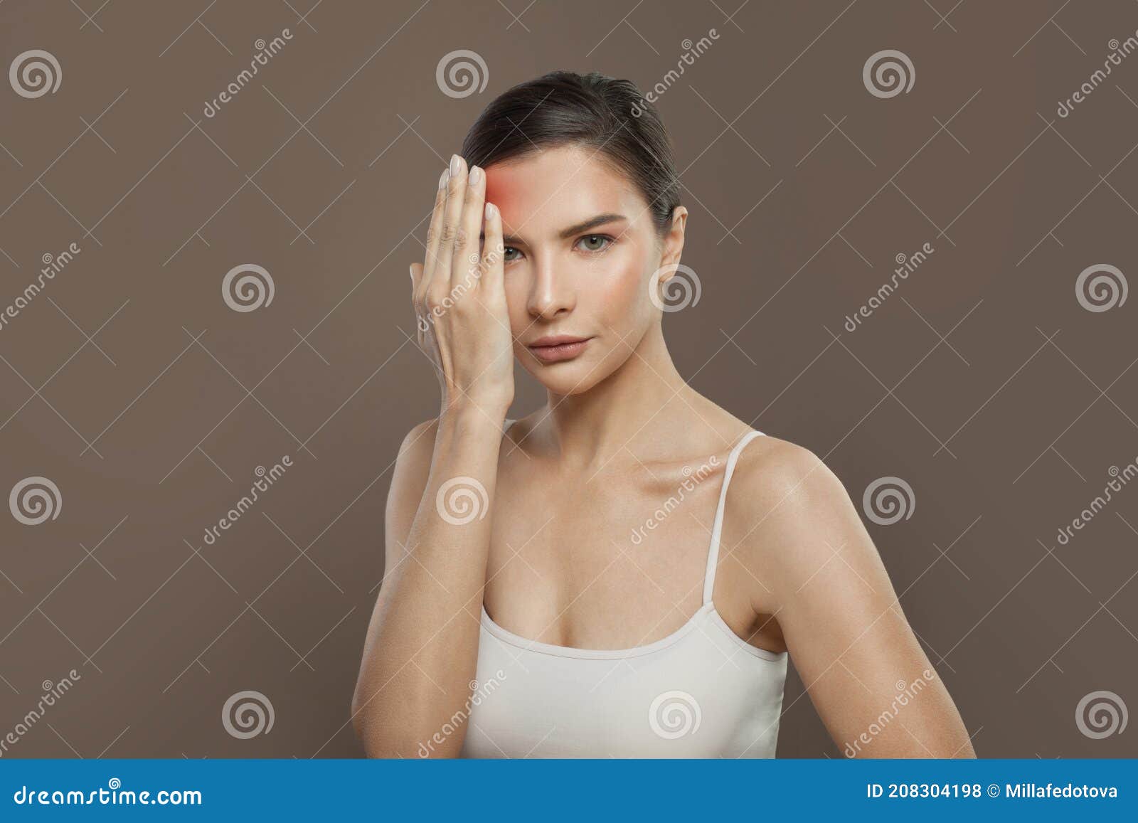 Headache. Woman with Red Forehead and Temple Area Stock Photo - Image ...