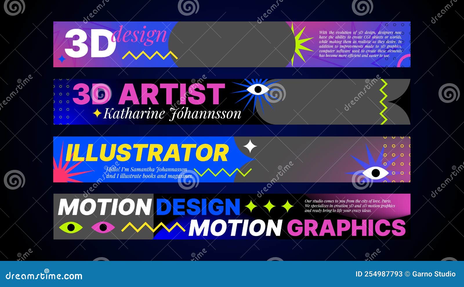 Header Set for 3D Designers. Horizontal Covers for Artists Stock Vector ...