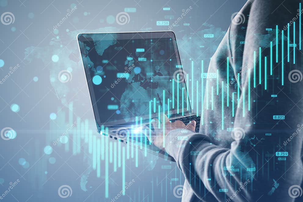 Headless Hacker Hands Using Laptop with Growing Blue Forex Chart and ...