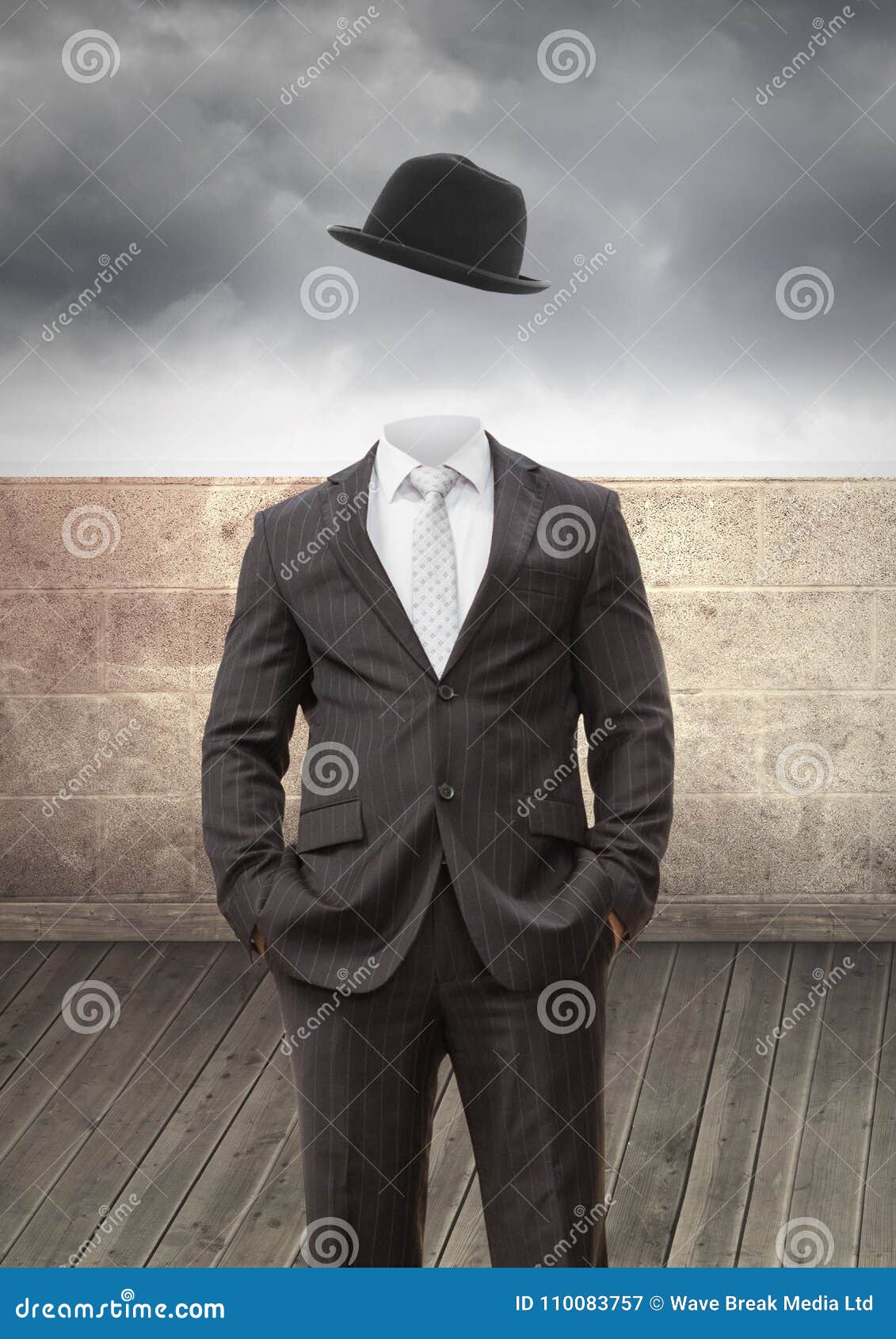 Headless Man With Surreal Floating Hat And Up Arrow Stock Photo ...
