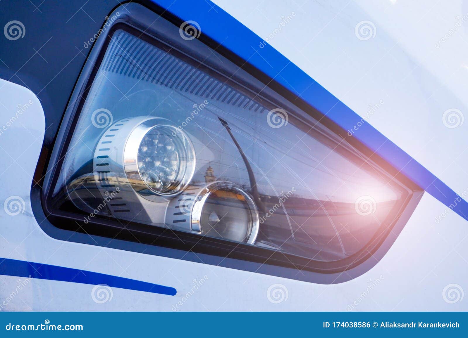 The Headlight of a Modern High-speed Train, with the Reflection of a ...