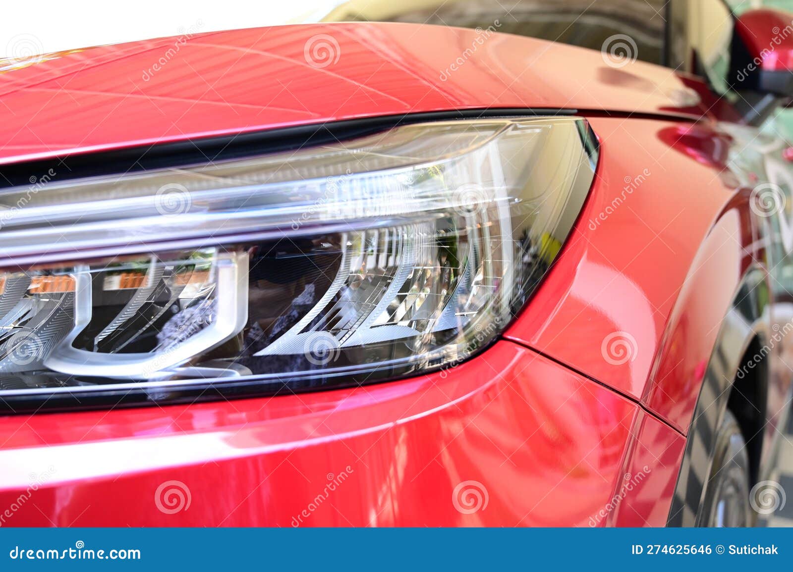 Close Up Headlight of Red Car, Transportation Industry Stock Photo ...