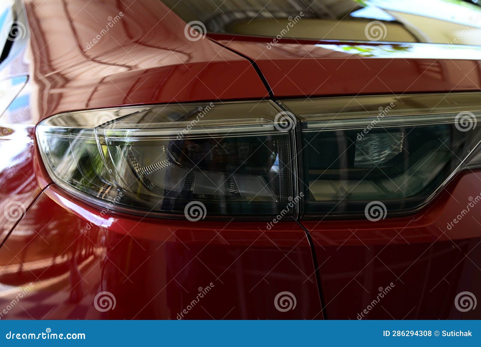 Close Up Headlight of Red Car, Transportation Industry Stock Photo ...