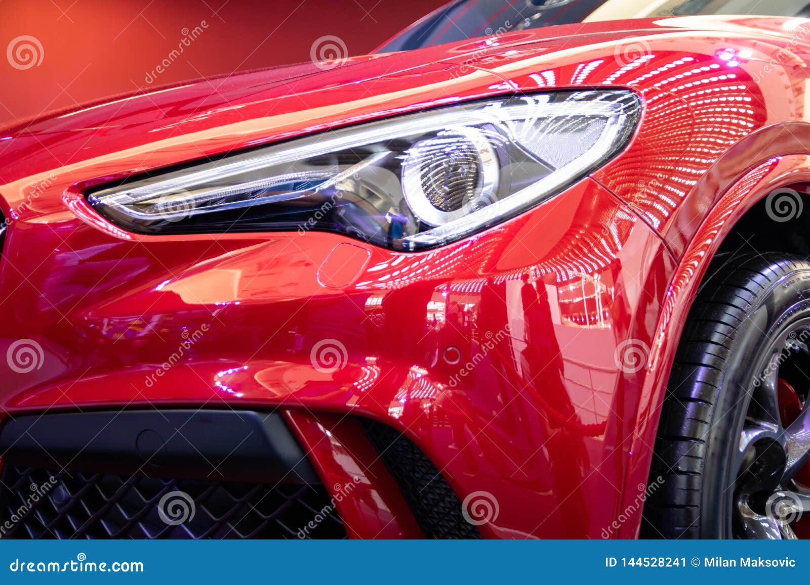 Headlight of Red Modern Car with LED Light Stock Image - Image of motor ...