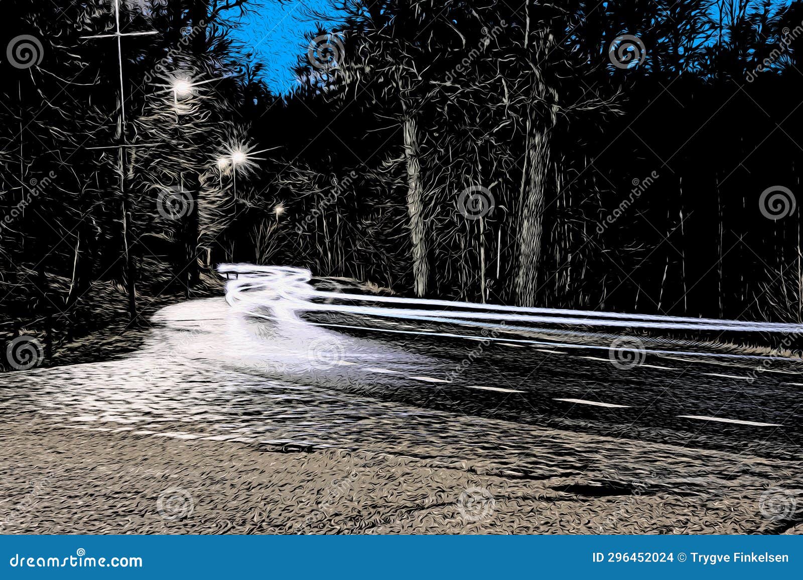 Headlight Trails of a Car Driving Down a Curvy Road at Night.. Stock ...