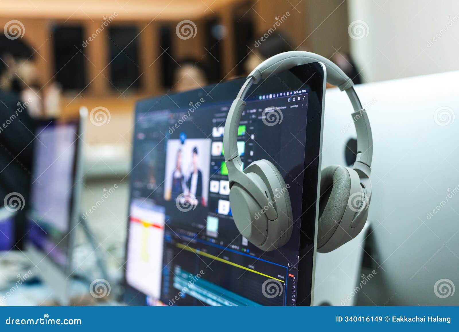 Headphone on Computer at Workplace Office Table. Audio Digital ...