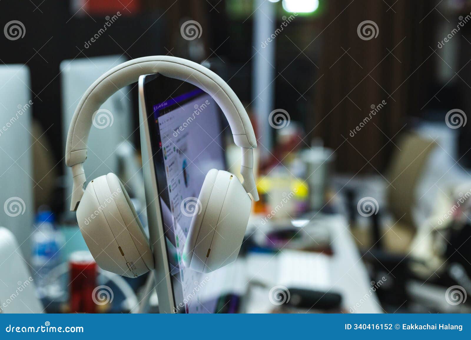Headphone on Computer at Workplace Office Table. Audio Digital ...