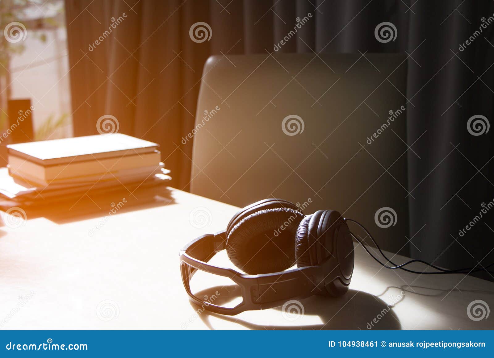 Headphone on Table with Sunlight Feel Relaxing. Stock Image - Image of ...