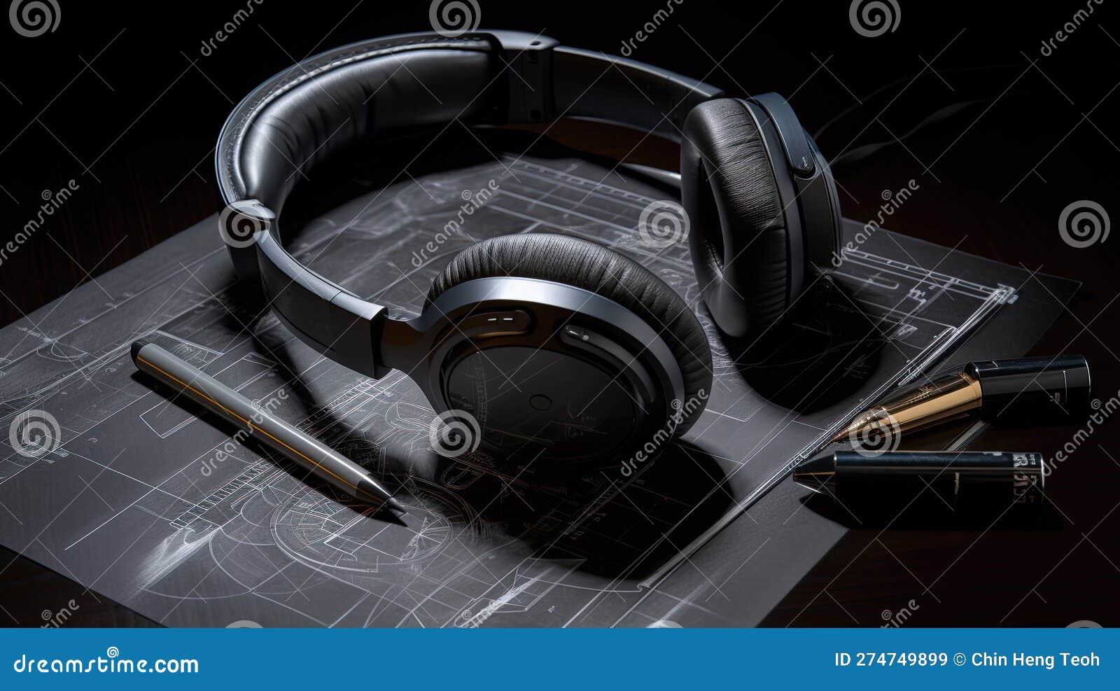 Headphones and Blueprint on a Dark Background. Generative AI Stock ...