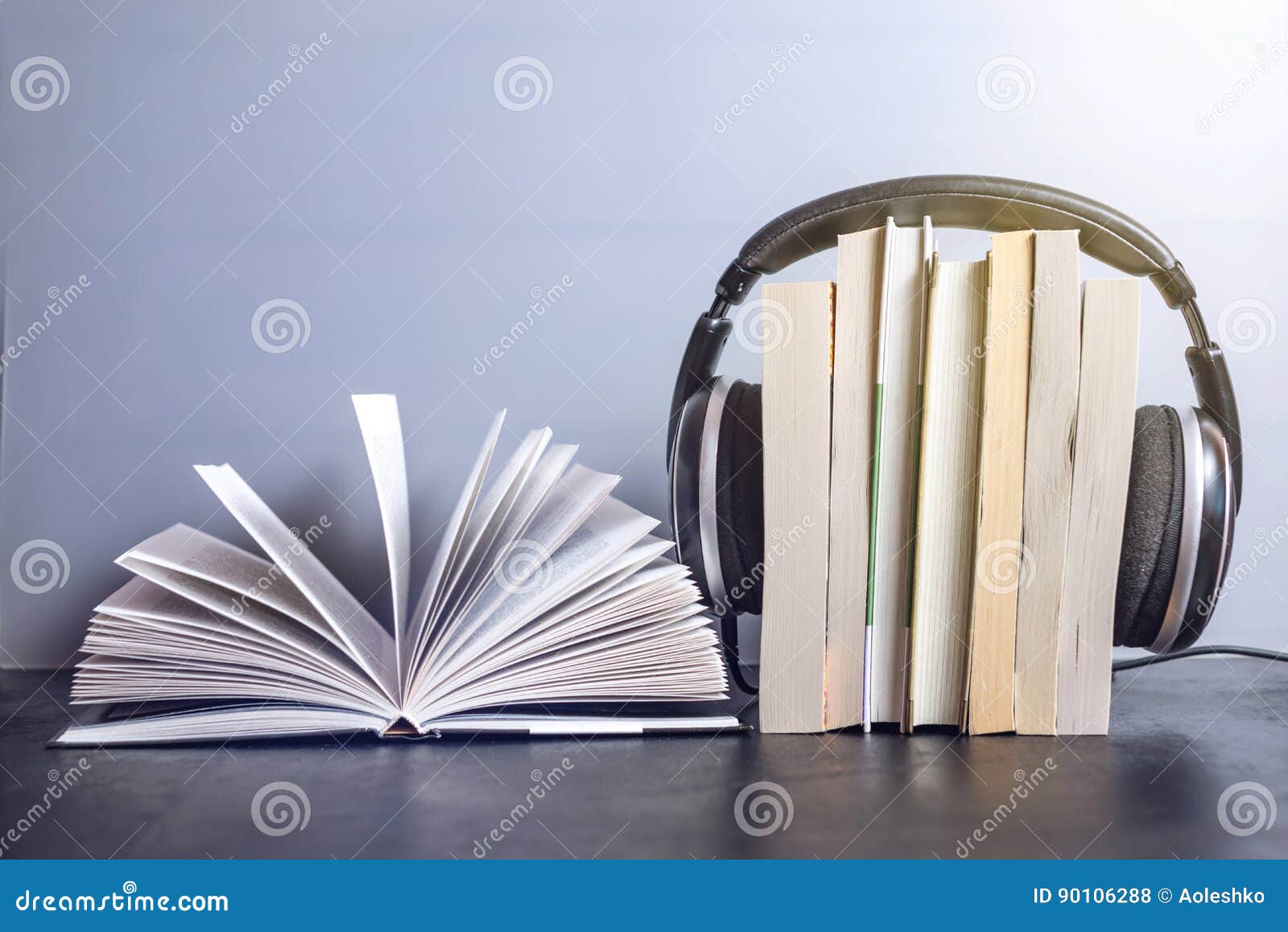 Headphones on Books and Flying Notes. the Concept of Audiobooks Stock ...