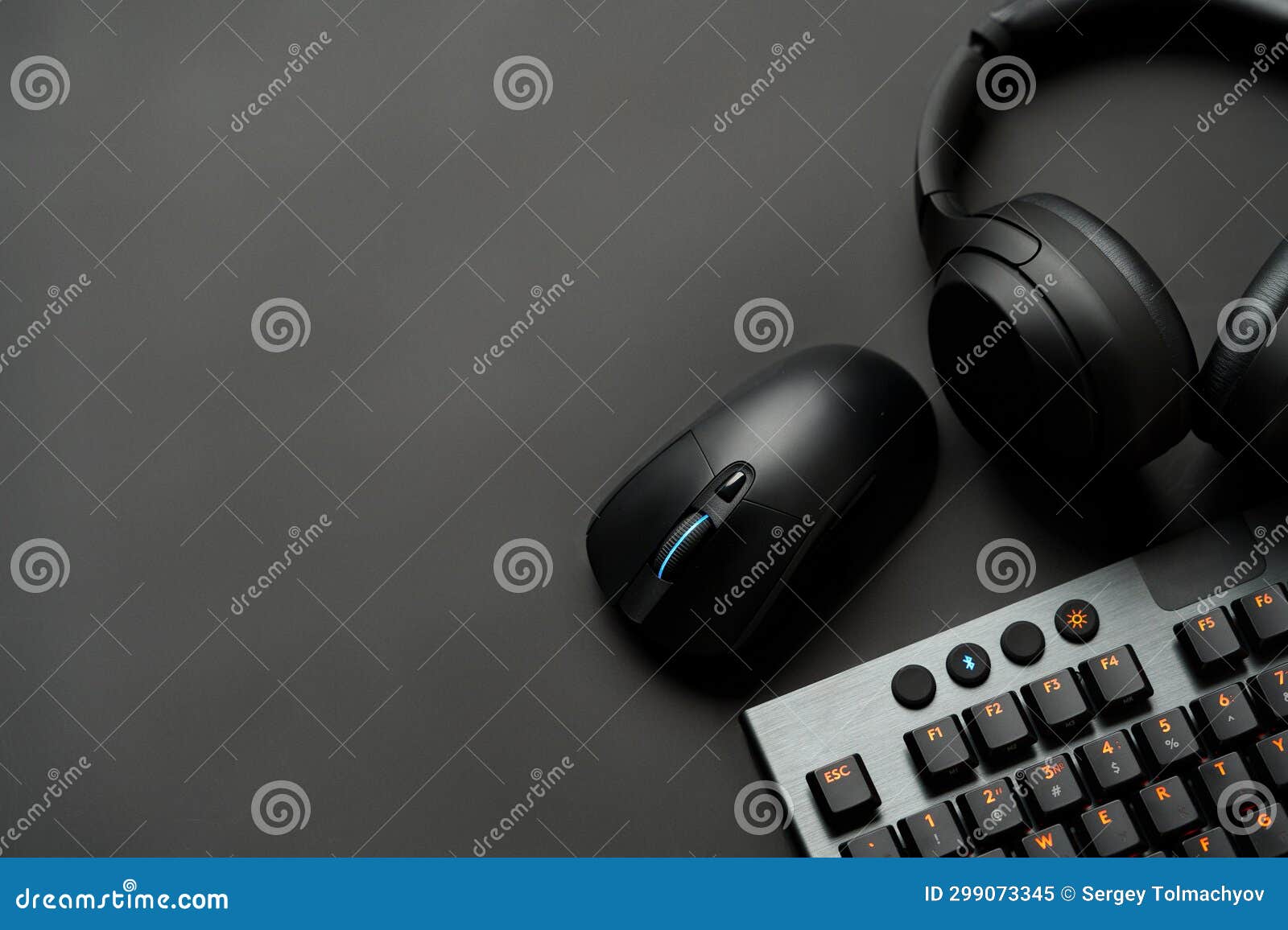 Headphones, Computer Mouse and Keyboard on Black Background Stock Image ...