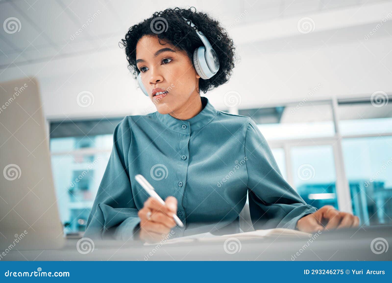 Headphones, Computer and Woman Writing Notes in Office Doing Research ...
