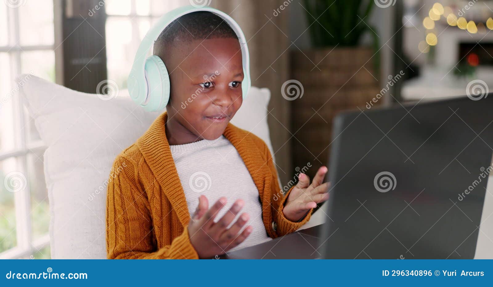 Headphones, Laptop and Kid Student on a Video Call Doing Math Counting for Assignment, Project ...