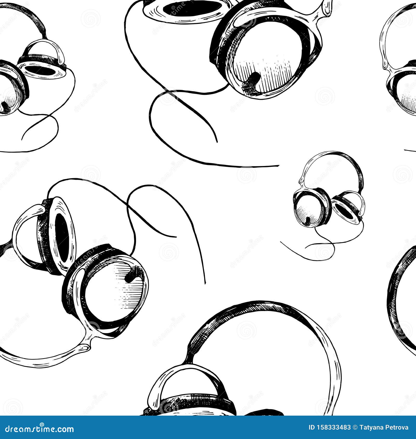 Headphones Sketch Pattern. Hand-drawn Black Headphones on White ...