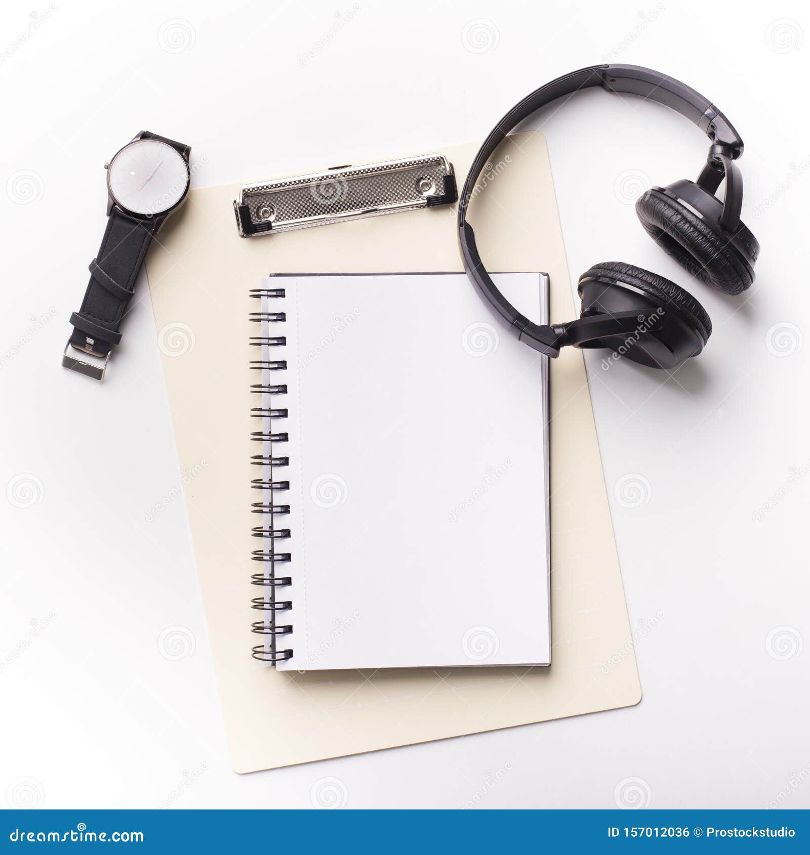 Headphones, Watches and Notepad with Copy Space for Text Stock Photo ...