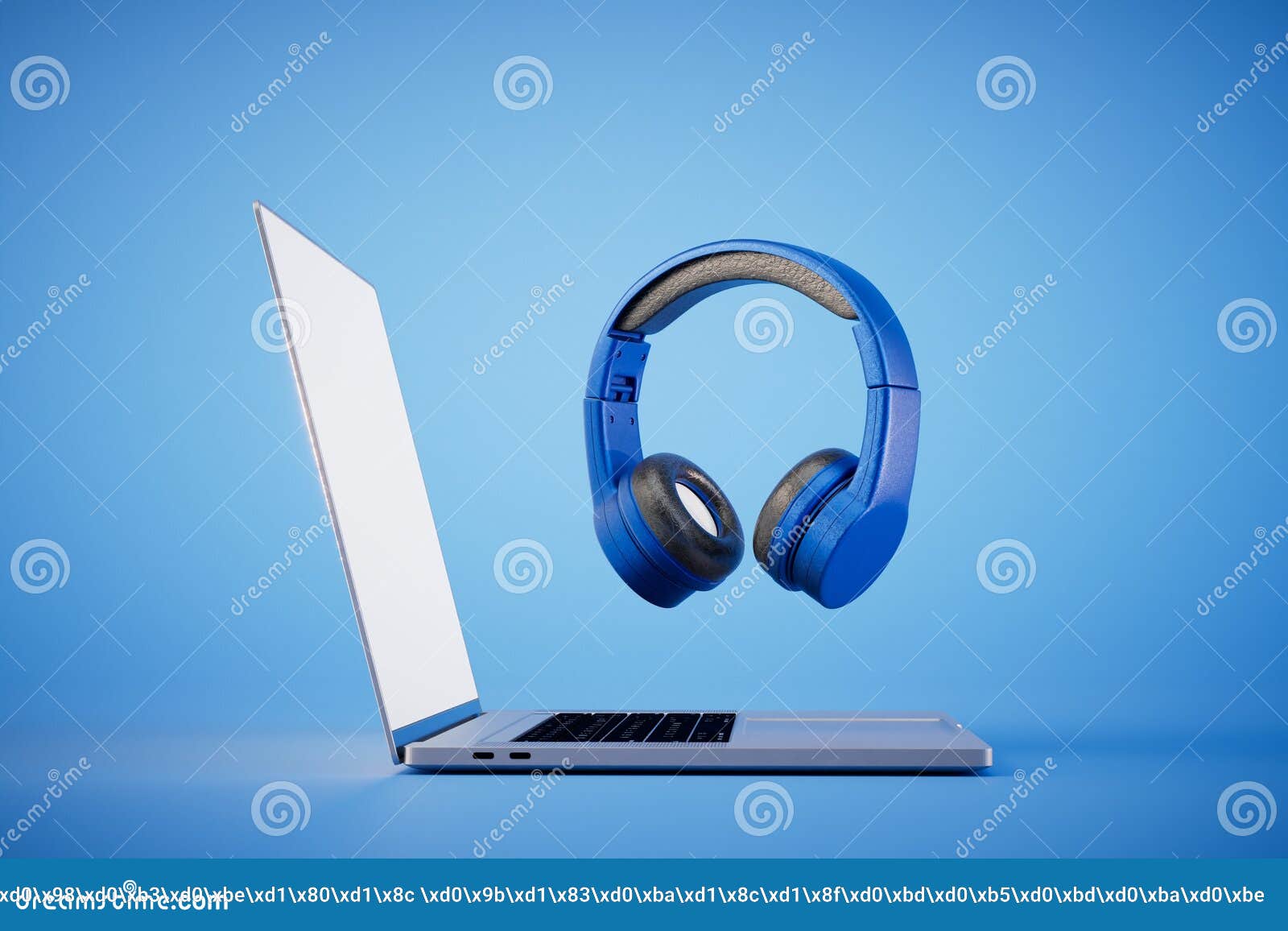 Headphones for Working at the Computer. Laptop and Headphones on a Blue ...