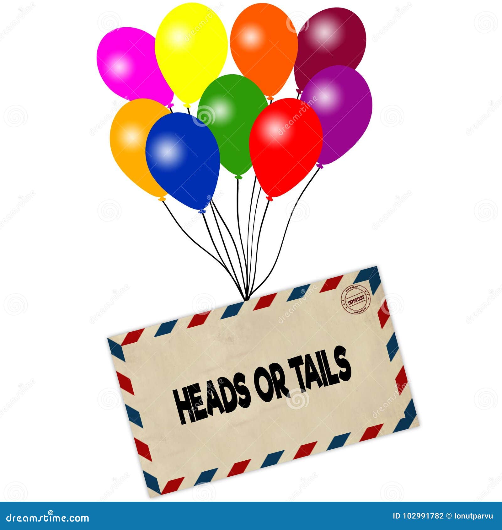 HEADS or TAILS on Envelope Pulled by Coloured Balloons Isolated on ...