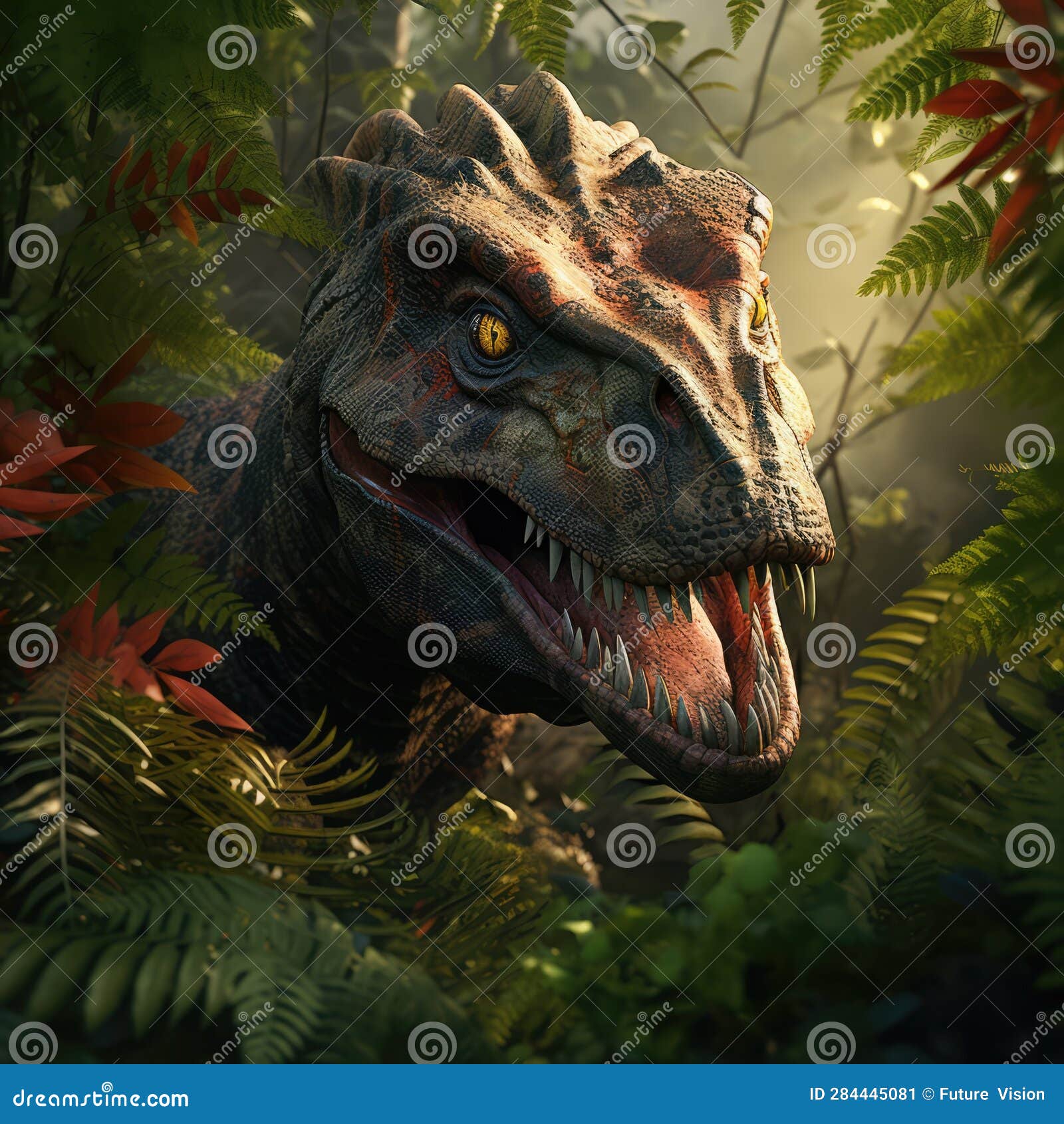 Headshot of Dinosaur with Plants in Forest, Created Using Generative Ai ...