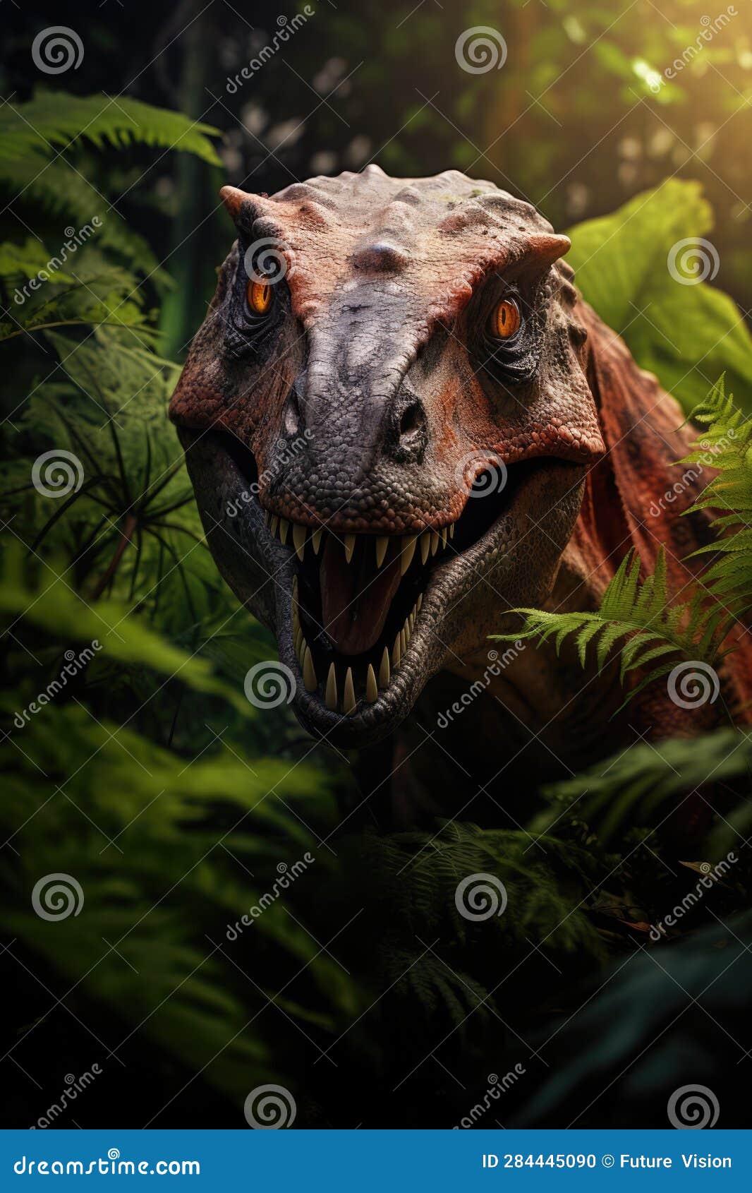 Headshot of Dinosaur with Plants in Forest, Created Using Generative Ai ...