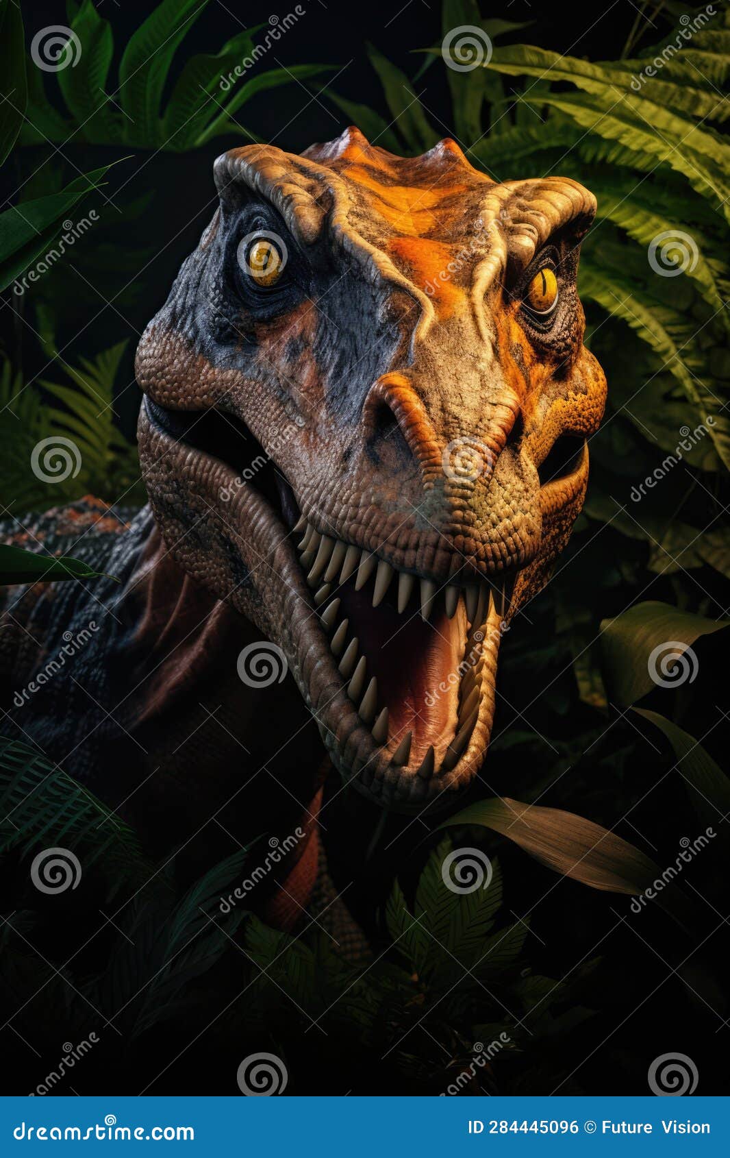 Headshot of Dinosaur with Plants in Forest, Created Using Generative Ai ...