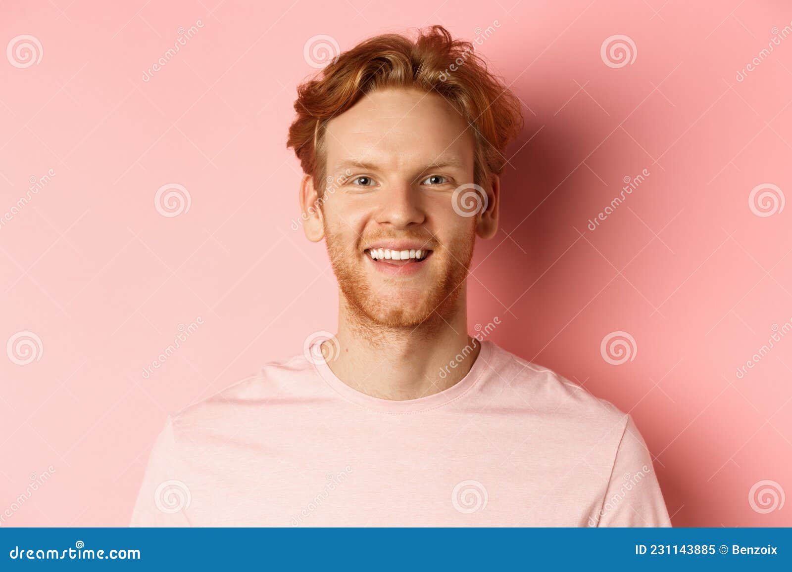 Headshot Of Happy Redhead Man With Beard And White Teeth Smiling