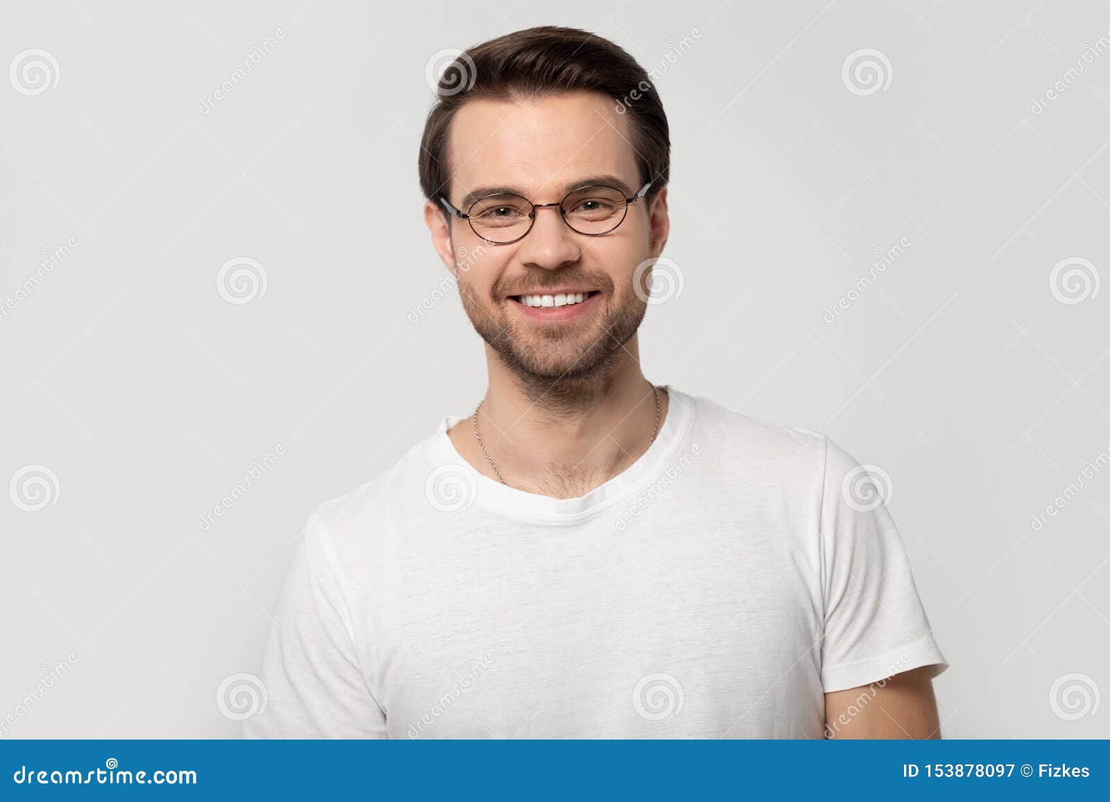 Headshot Portrait Smiling Man Wearing Glasses On Grey Background Stock