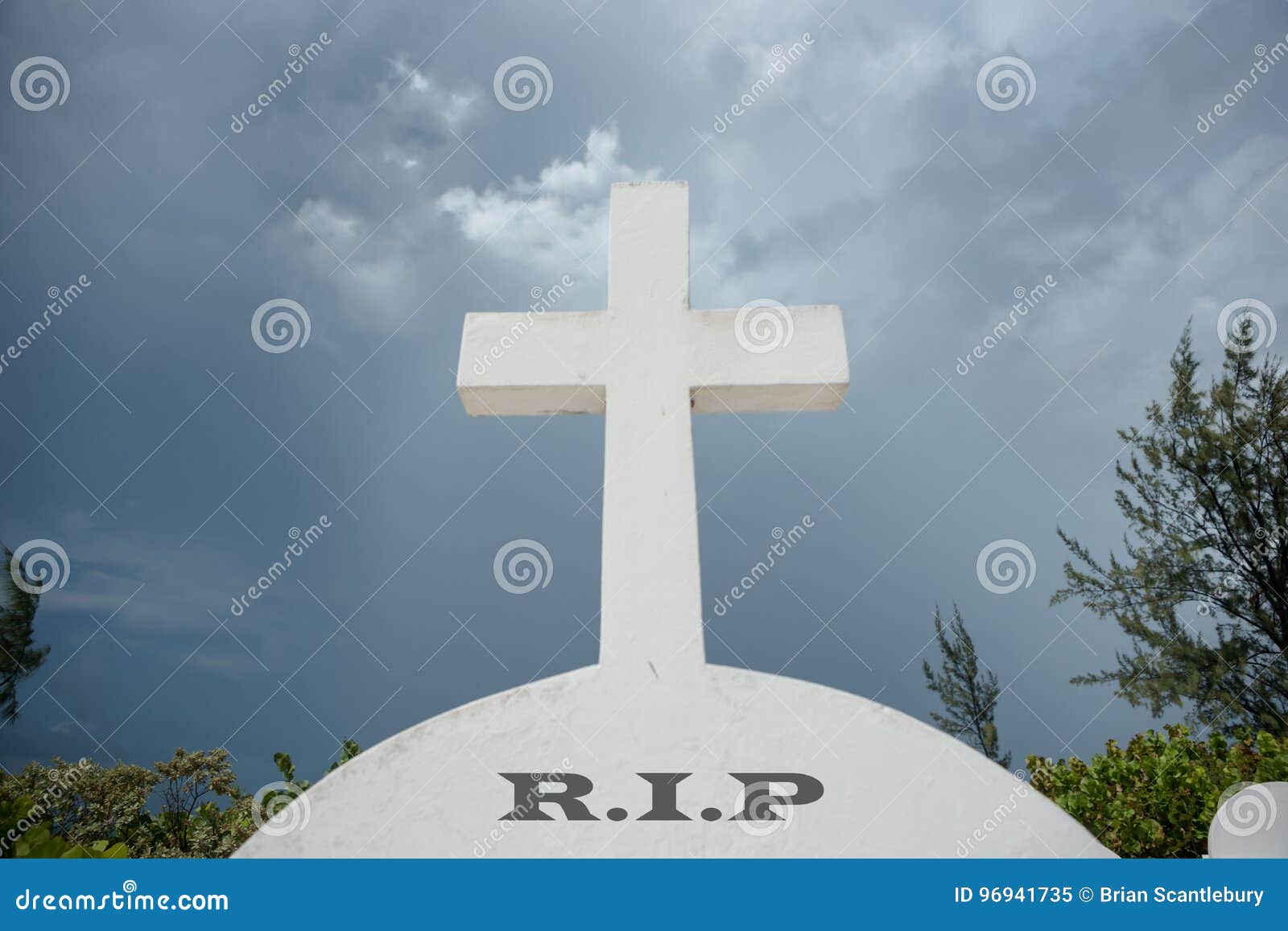 Headstone with White Cross and RIP Stock Image - Image of dark, death ...