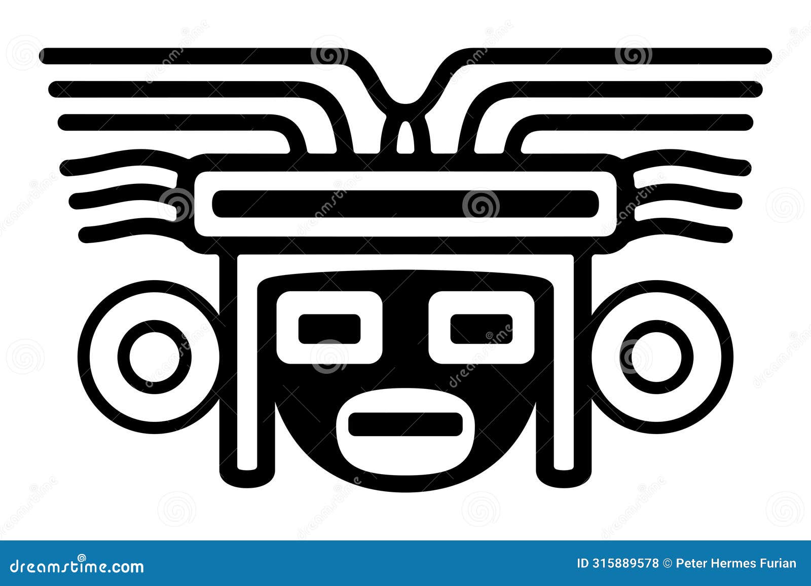 Head with Mask Large Headdress, Aztec and Ancient Mexican Flat Stamp ...