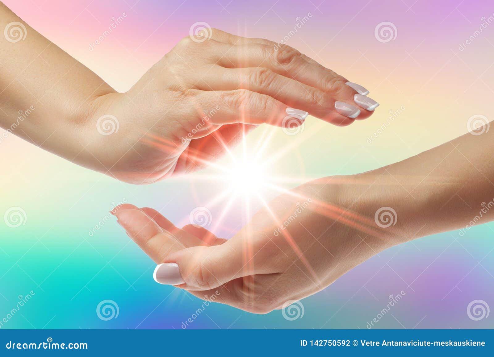 Healing Hands with Bright Sunburst on Rainbow Background Stock Photo ...