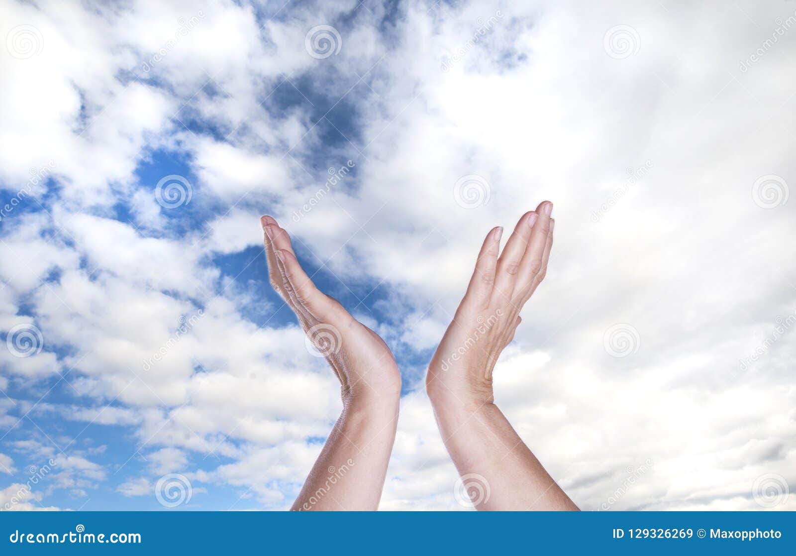 Healing Hands in the Sky with Bright Sunburst. Stock Image - Image of ...