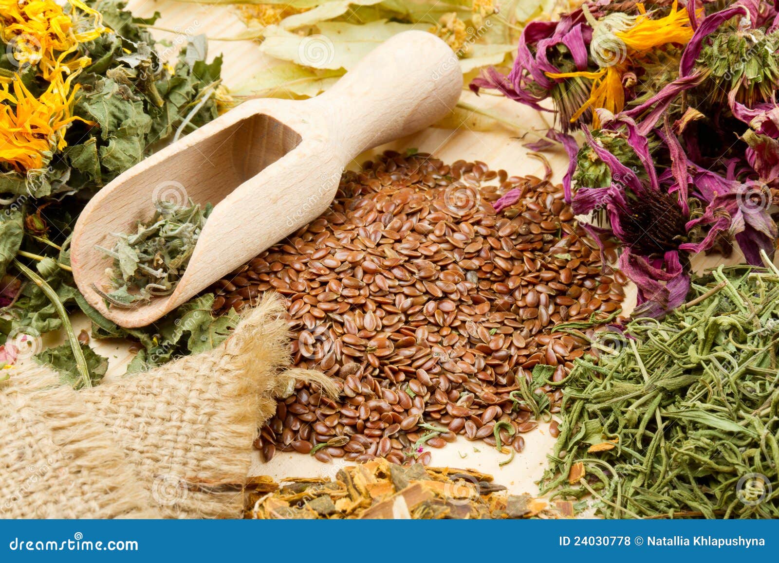 Healing Herbs on Wooden Table, Herbal Medicine Stock Photo - Image of ...