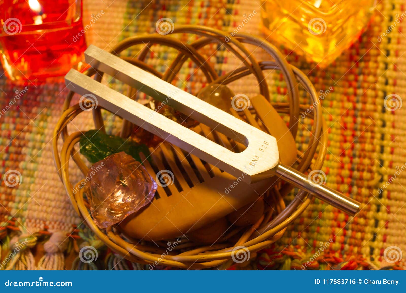 Healing Tuning Fork and Crystal Stone on Table . Stock Photo - Image of ...
