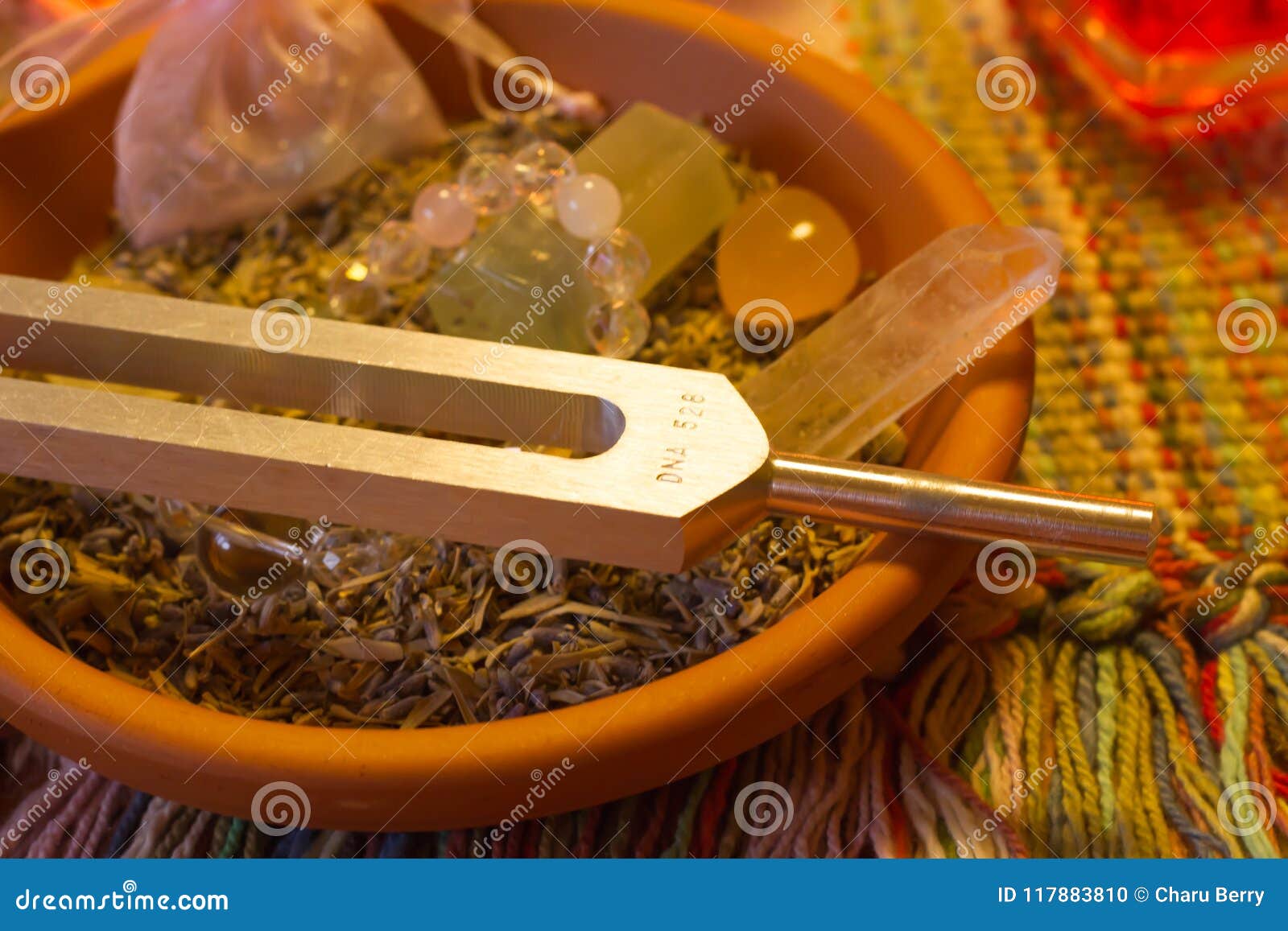 Healing Tuning Fork and Crystal Stone on Table . Stock Photo - Image of ...