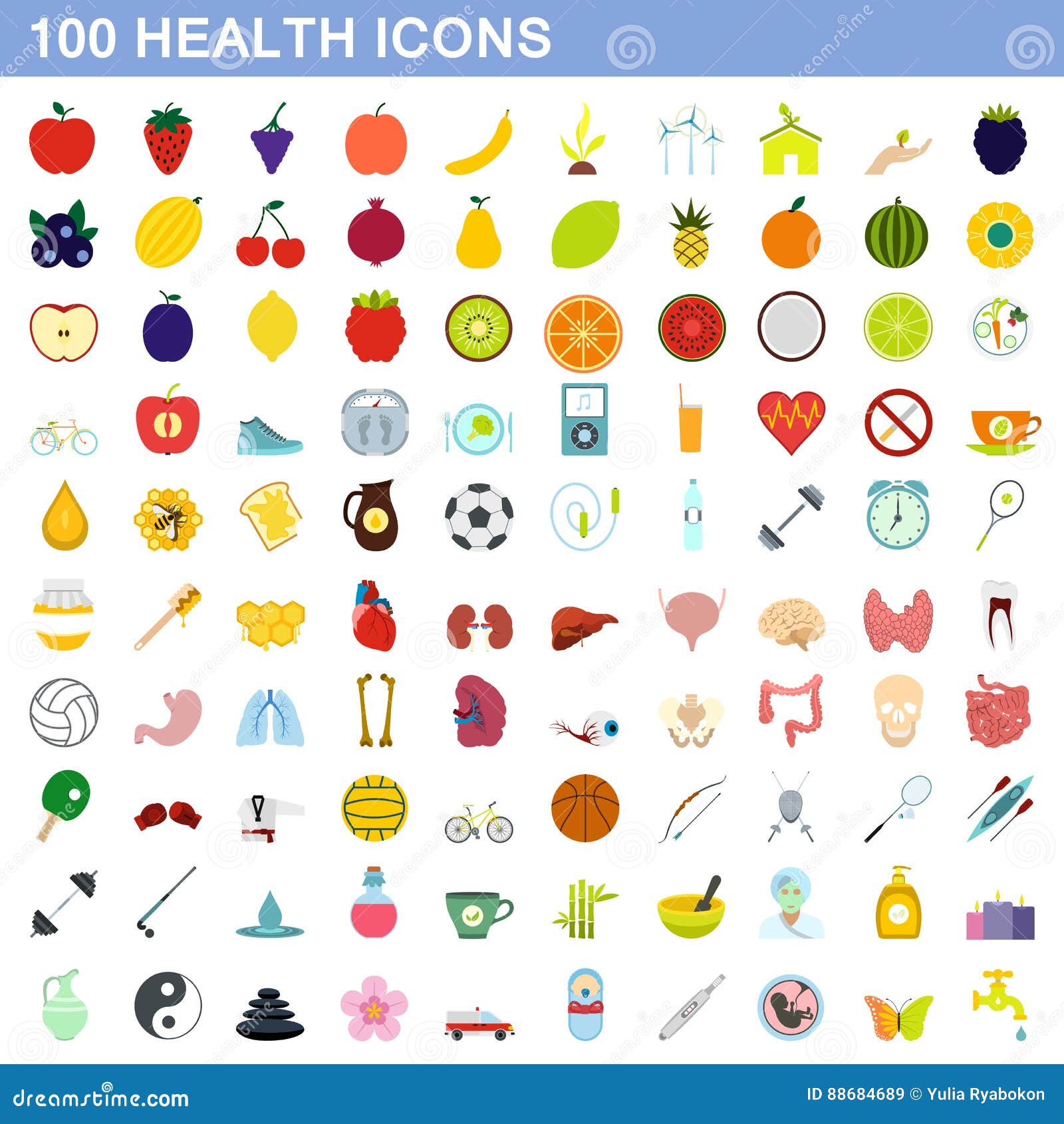 100 Health Icons Set, Flat Style Stock Vector - Illustration of ...