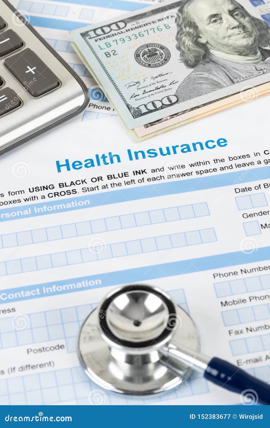 Health Insurance Application Form with Stethoscope and Calculator Stock ...