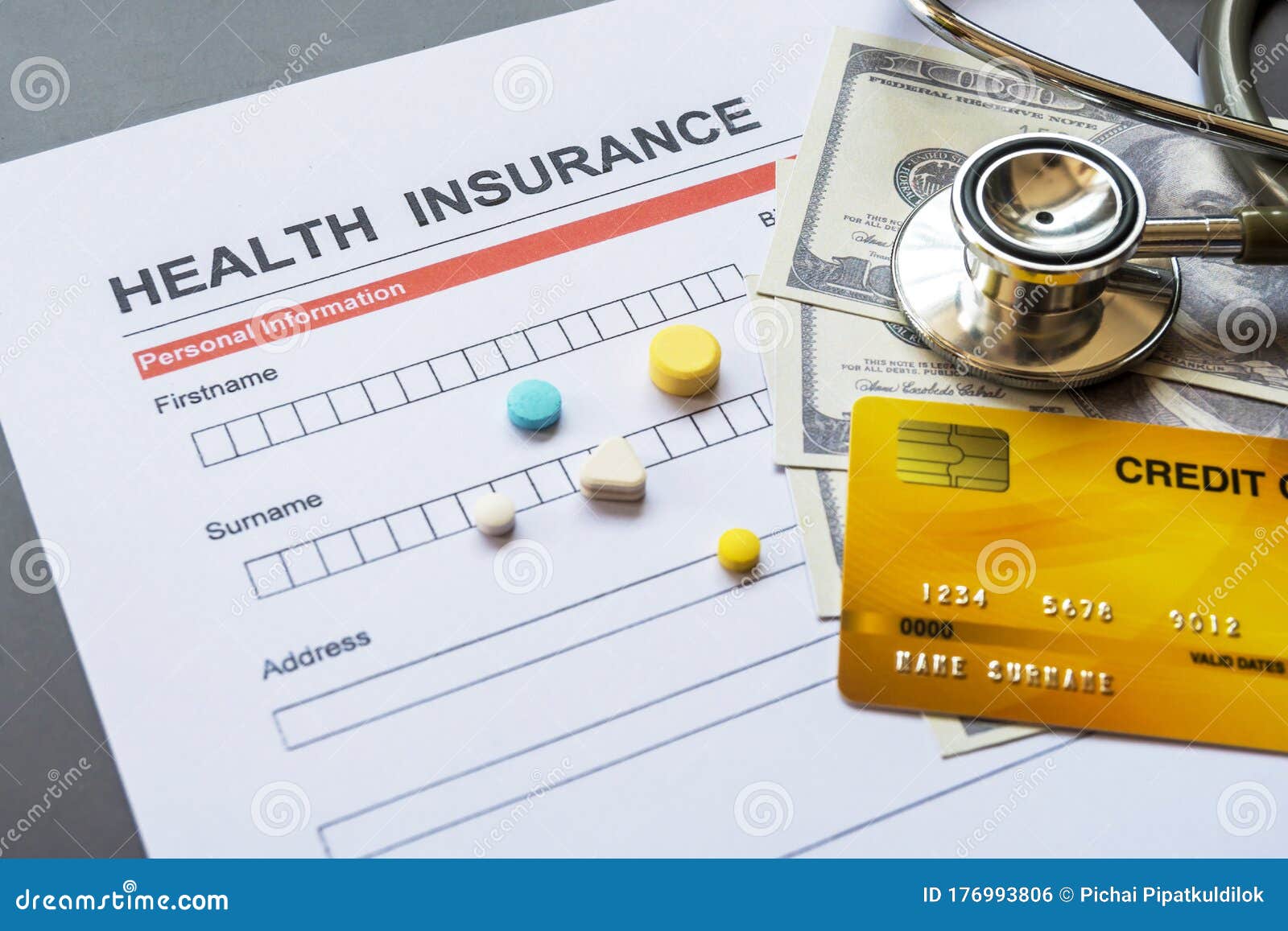 Health Insurance Form with Model and Policy Document Stock Photo ...