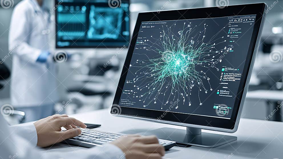 Doctor Analyzing Data Visualization on Computer Screen in Laboratory ...